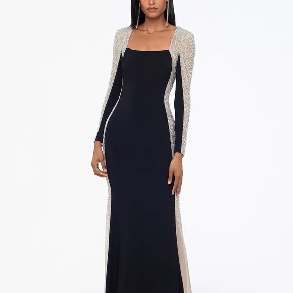 Xscape | Dresses | Xscape Embellished Colorblocked Gown Blacknudesilver ...